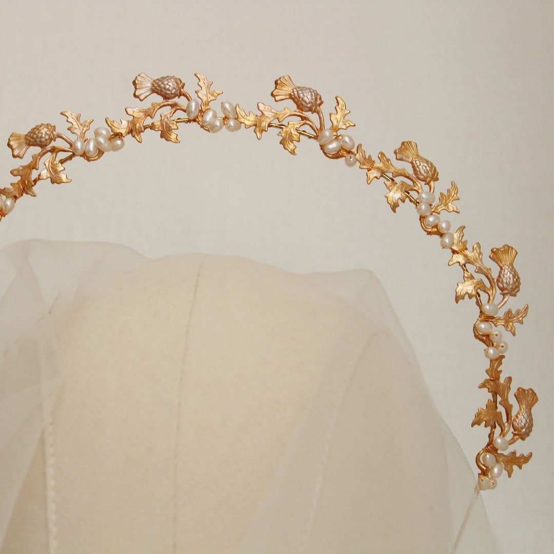 JUNE // Gold Scottish Thistle Bridal Halo Crown Wedding Crown Bridal ...