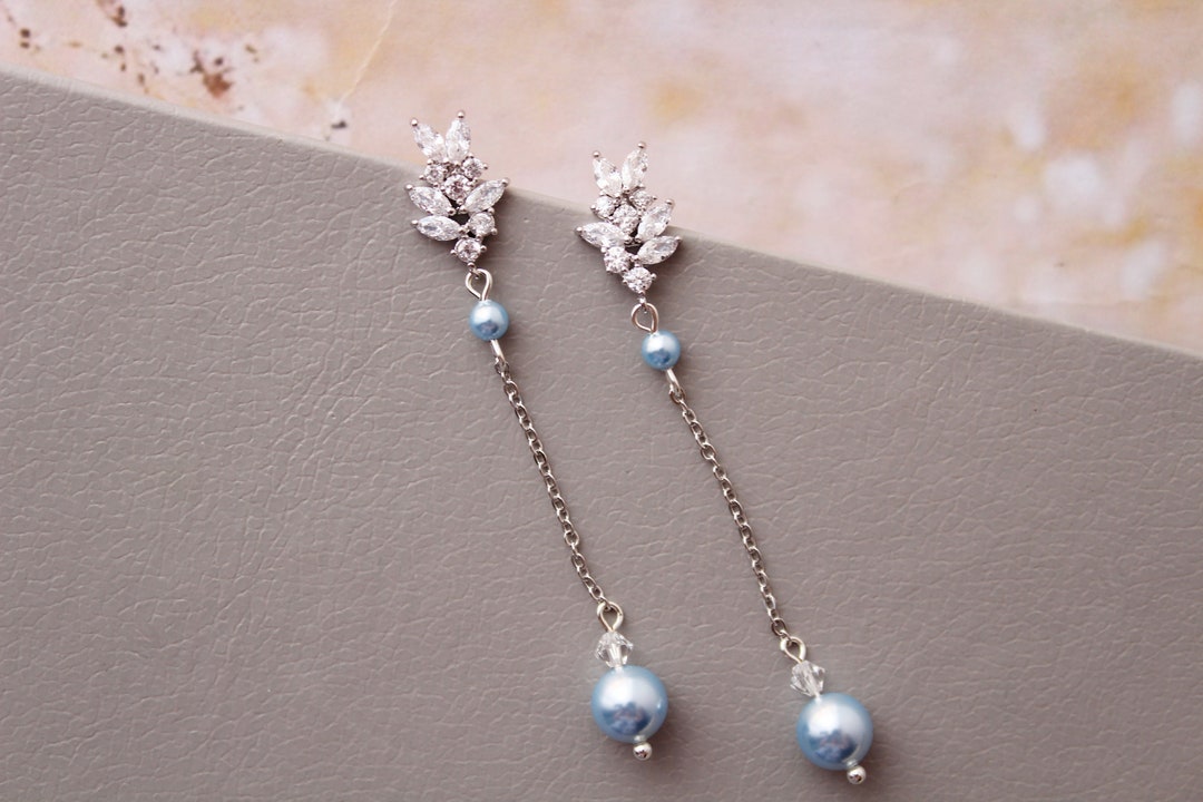 IMOGEN // Blue Pearl Drop Bridal Earrings Dangle Chain - Etsy UK