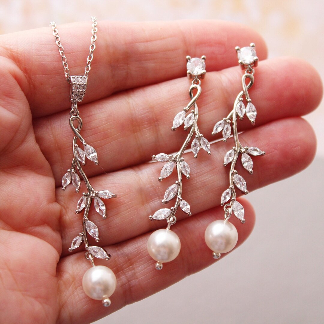 LUCY // Silver Vine Bridal Earrings and Necklace Set Leaf Wedding ...