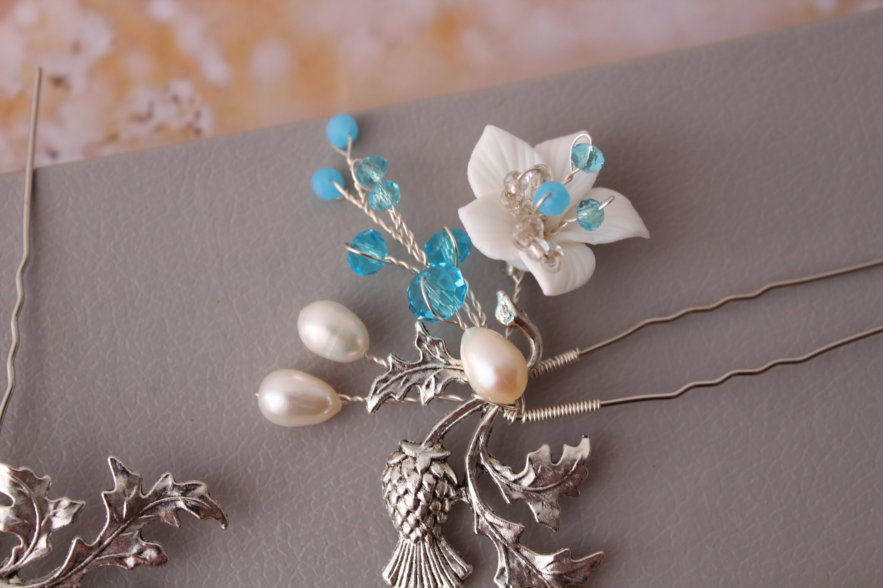 ORLA // Silver Blue Scottish Thistle Hair Pins, Bridal Hair Pins ...