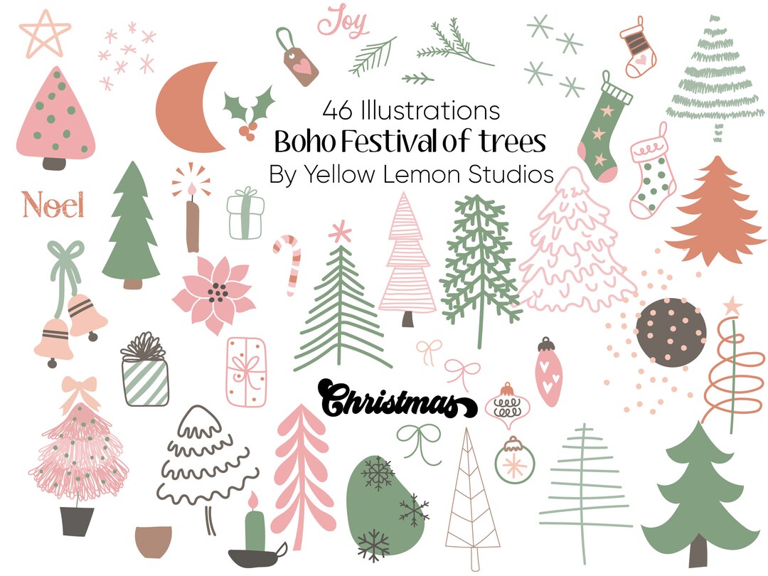 Christmas Doodles, Christmas Drawing, Boho Christmas Tree Clipart, Hand ...