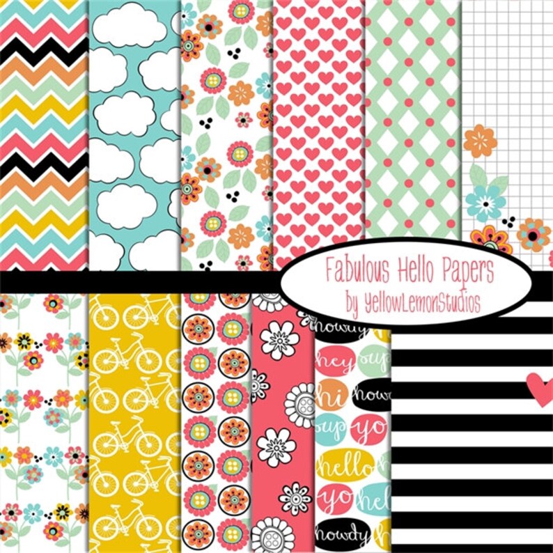 Summer Hello Bright Color Digital Scrapbook Paper | Etsy