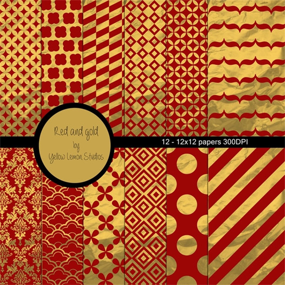 Red and Gold Patterned Papers red Gold Gold Foil, Polka Dots, Triangles ...