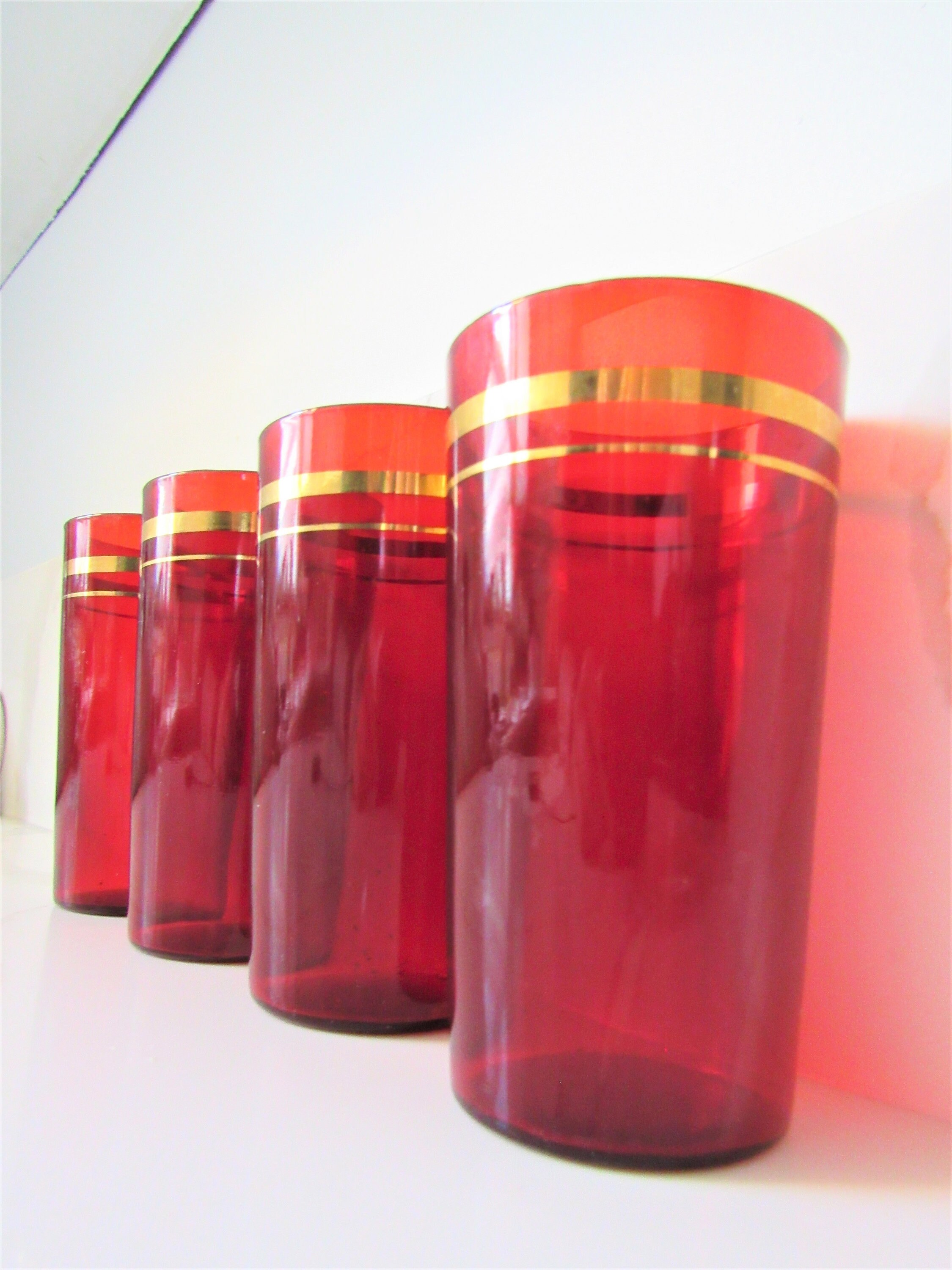 Set of Four Vintage Ruby Red With Gold Trim Drinking Glasses/ - Etsy
