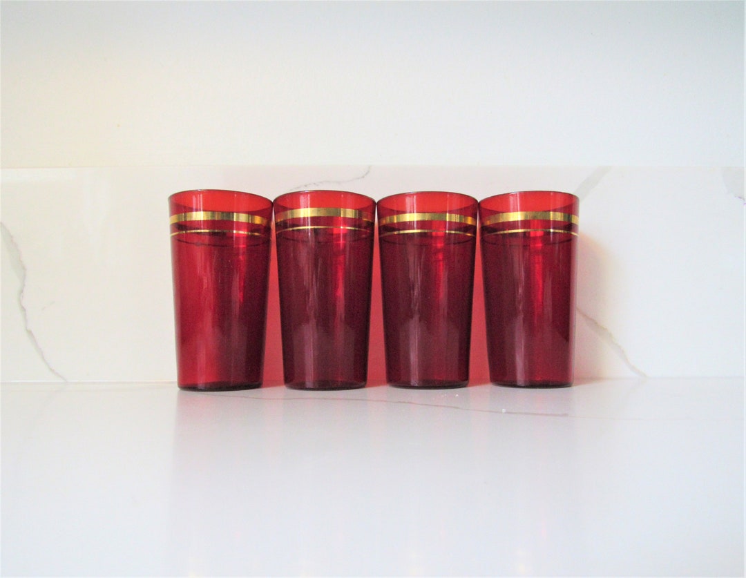 Set of Four Vintage Ruby Red With Gold Trim Drinking Glasses/ Vintage ...