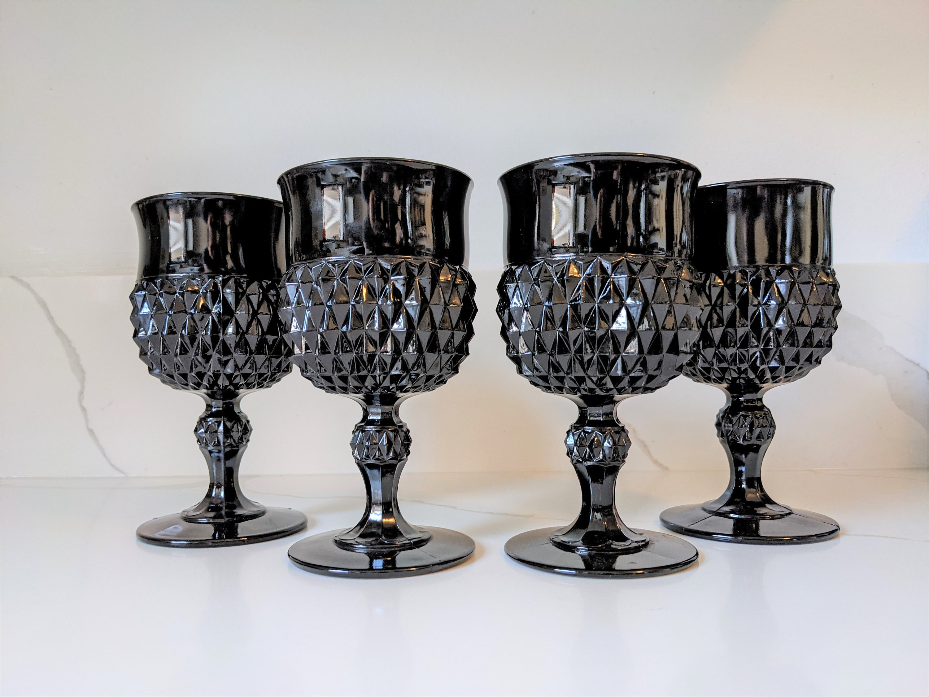 Indiana Glass Diamond Point Water Goblets / Black Milk Glass / Black ...