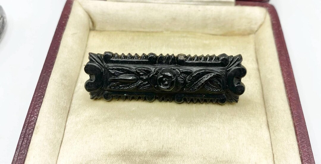 Victorian Bar Brooch Made From Bog Oak With Carved Rose and Leaves ...