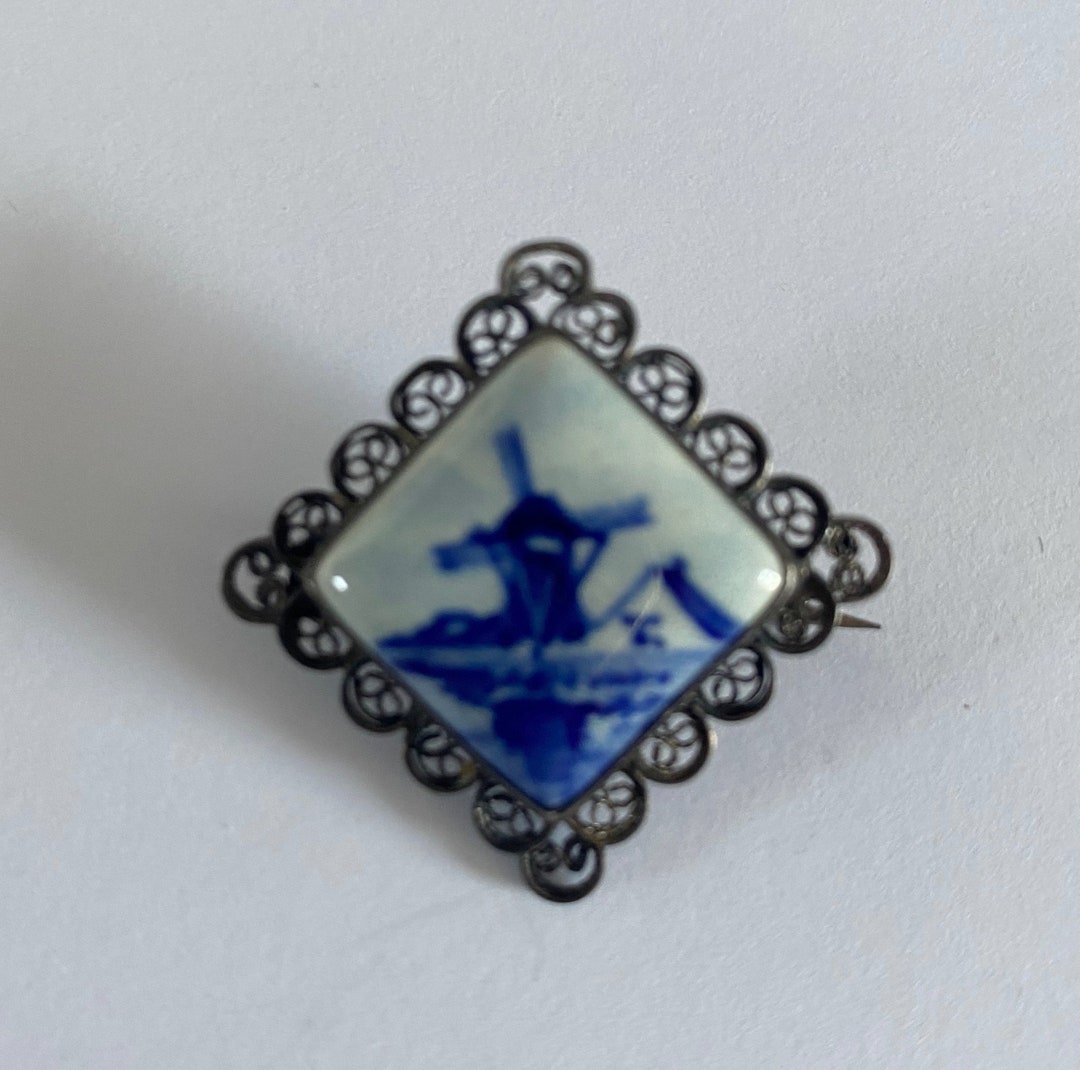 Antique/ Vintage Delft Windmill Dutch Brooch With Silver Filigree ...