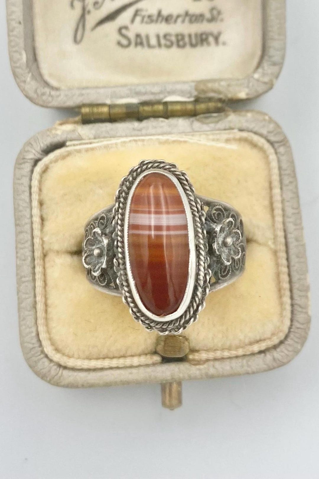 Antique Arts and Crafts Era Silver and Banded Agate Ring With Filigree ...