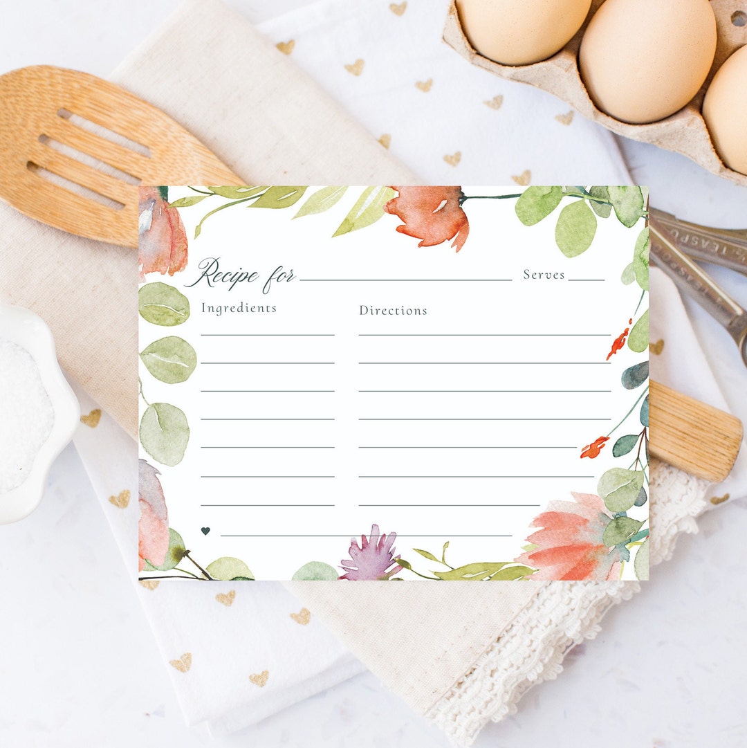 Floral Recipe Card, Printable, Bridal Shower Keepsake, Kitchen Shower ...