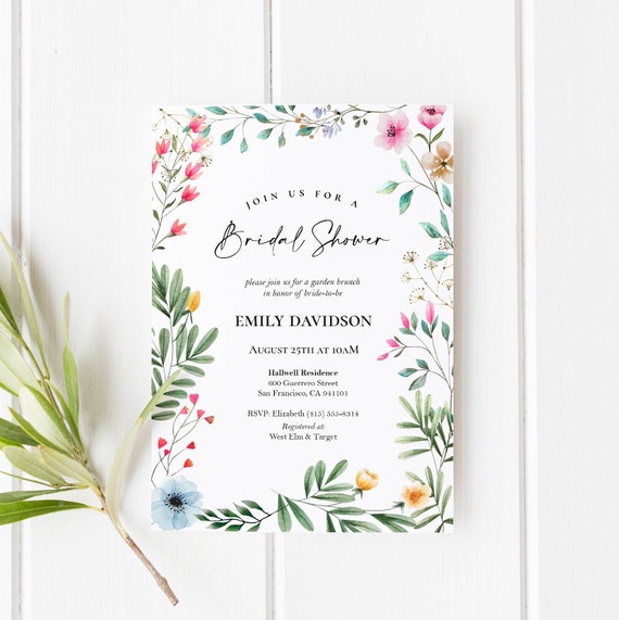 Instant Download Printable invite Wild flower invites Wildflower Bridal ...