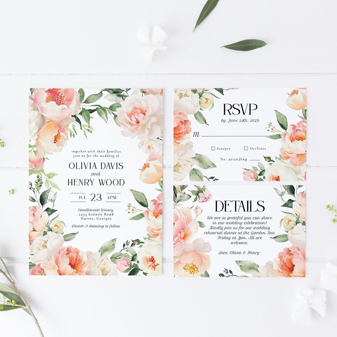 Peony Wedding Invitation & RSVP Card, Editable Template, Floral, Garden Greenery, Peach Pink ...