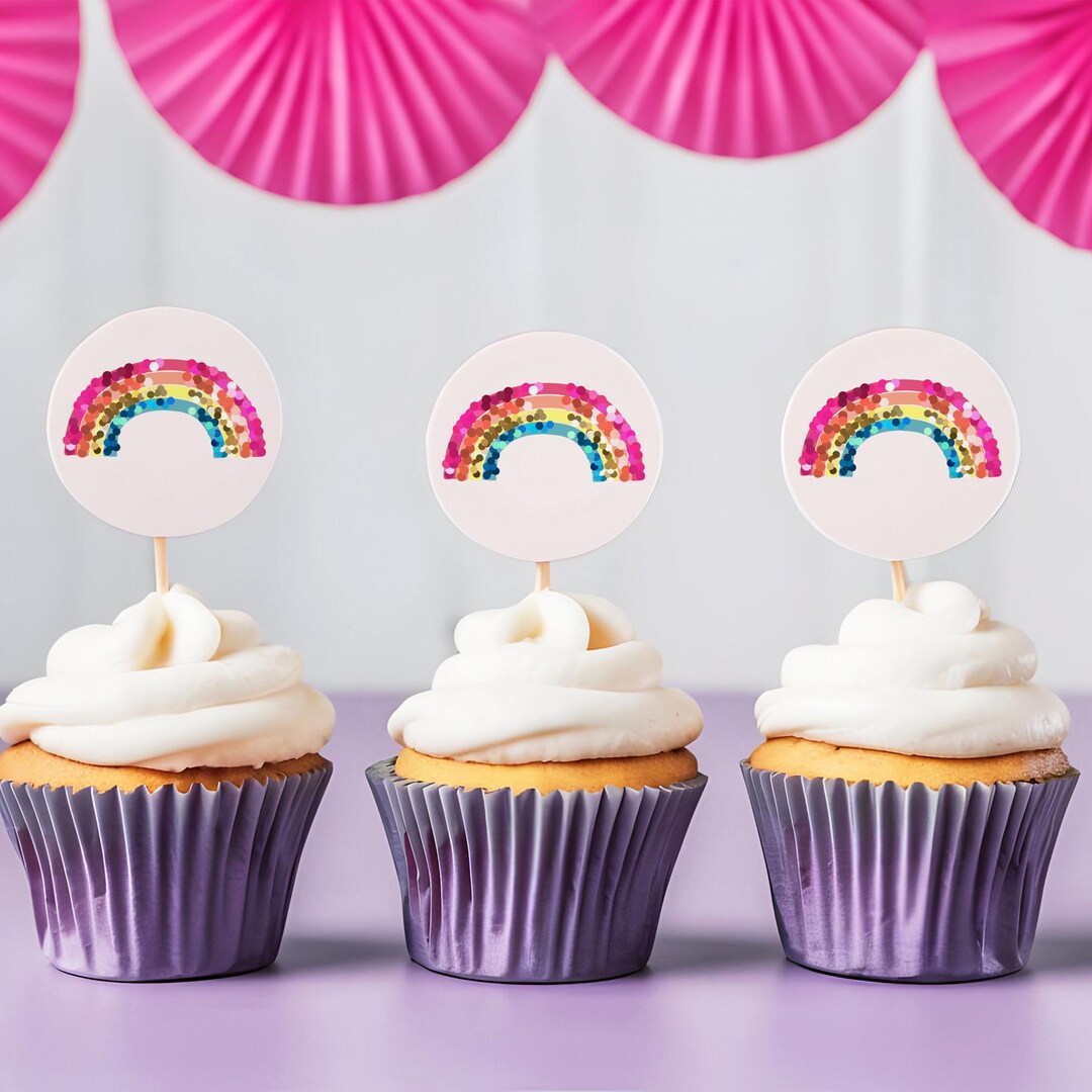 PRINTABLE Rainbow Cupcake Toppers, Cute, Colorful, Sequins, Blush Pink ...