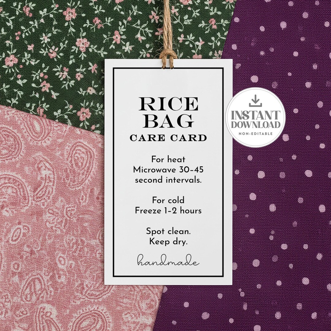 Rice Bag Care Tag, Handmade Instructions, Craft Fair Vendor Printable ...