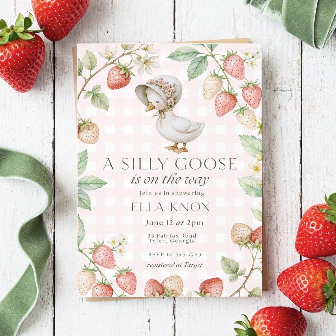 Silly Goose Baby Shower Invitation: Pink Gingham & Strawberries (5x7 ...