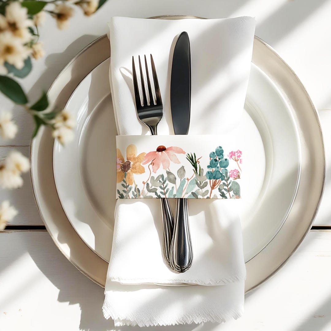 PRINTABLE Napkin Wrap, Cutlery Wrap, Silverware Band, Boho Wildflower ...