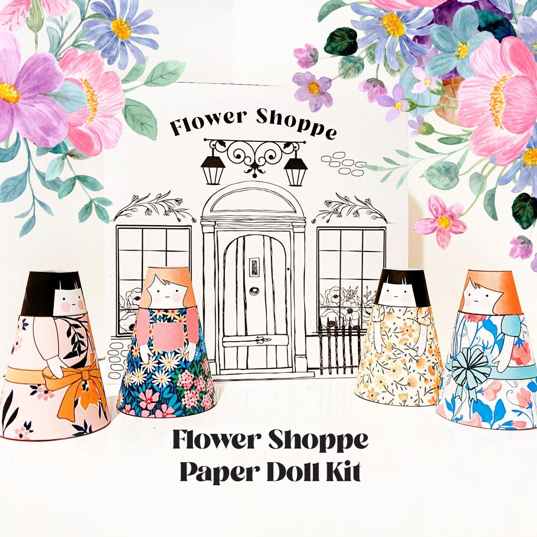 Printable Flower Shop Paper Doll Kit: Floral Dresses & Backdrop ...