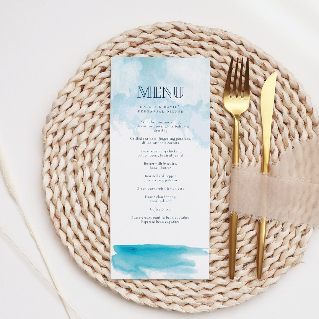 Ocean Menu Card, Editable Template, Beach Wedding, Lakeside Rehearsal ...