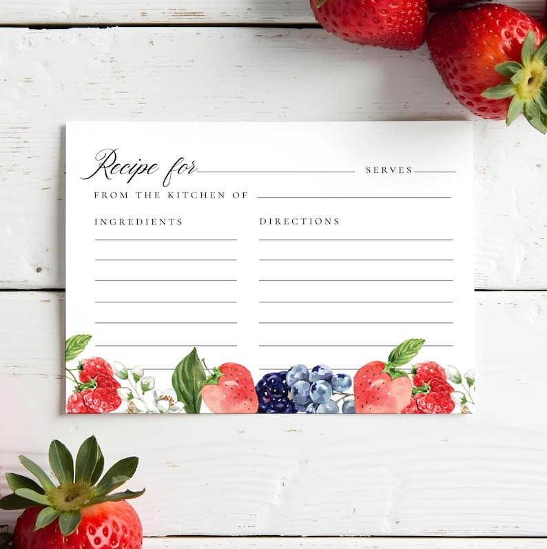 Recipe Card, Berry Bridal Shower, Printable Heirloom Keepsake ...