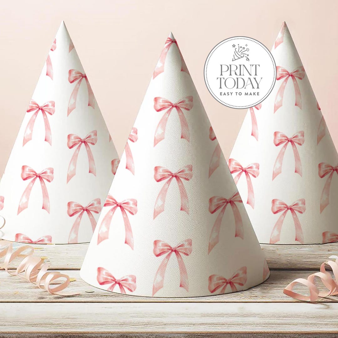 Pink Bow Party Hat, Coquette Birthday, Printable Template, Easy DIY ...