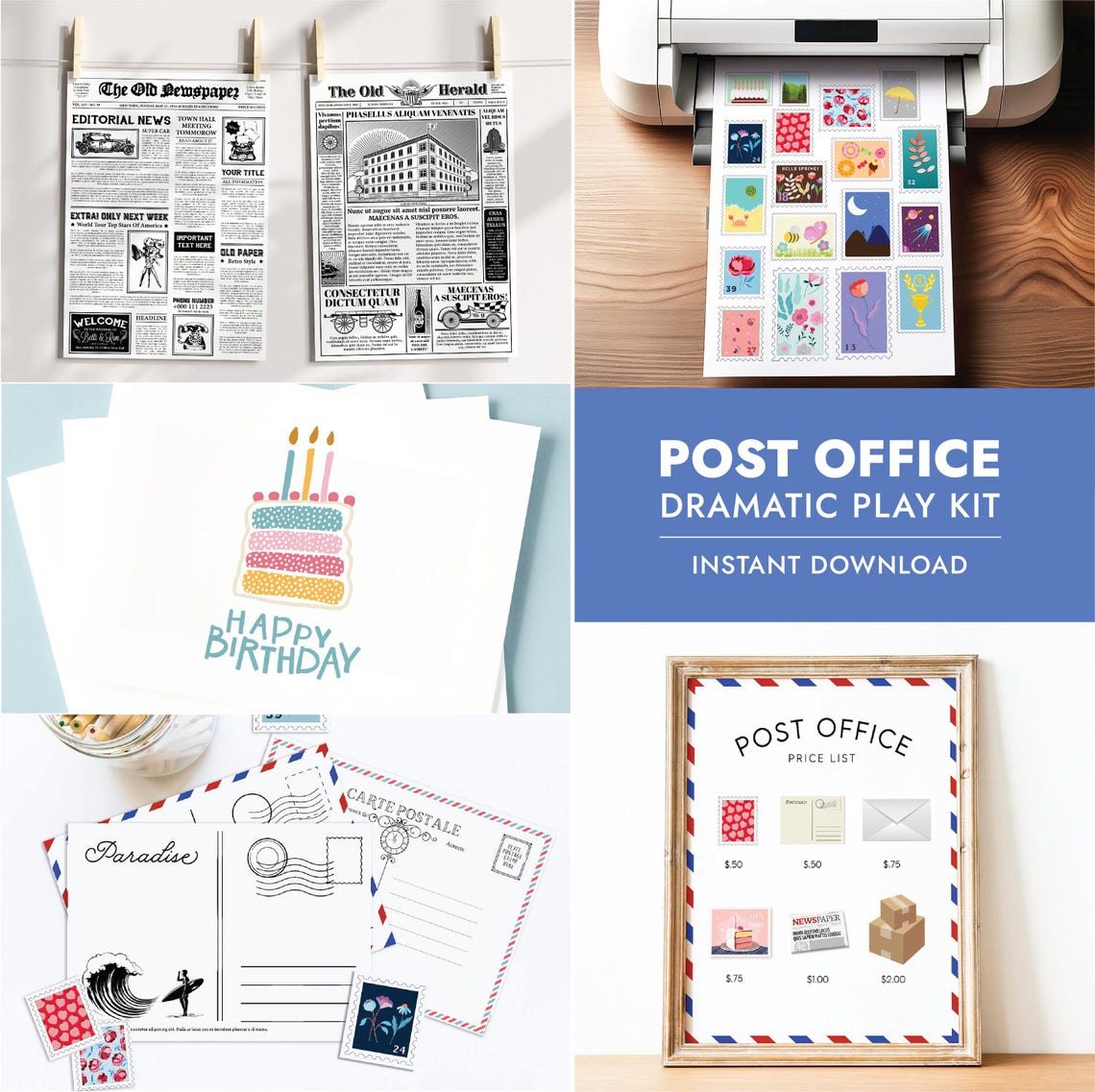 Post Office Dramatic Play Kit: Printable Stamps, Cards, Newspaper ...
