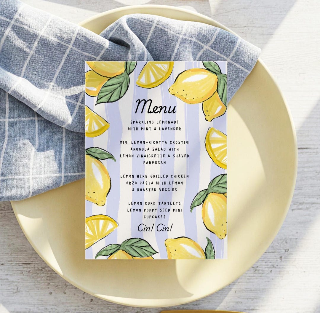 Italian Lemon Menu Card, Hand Drawn, Shower or Party, Canva Editable ...