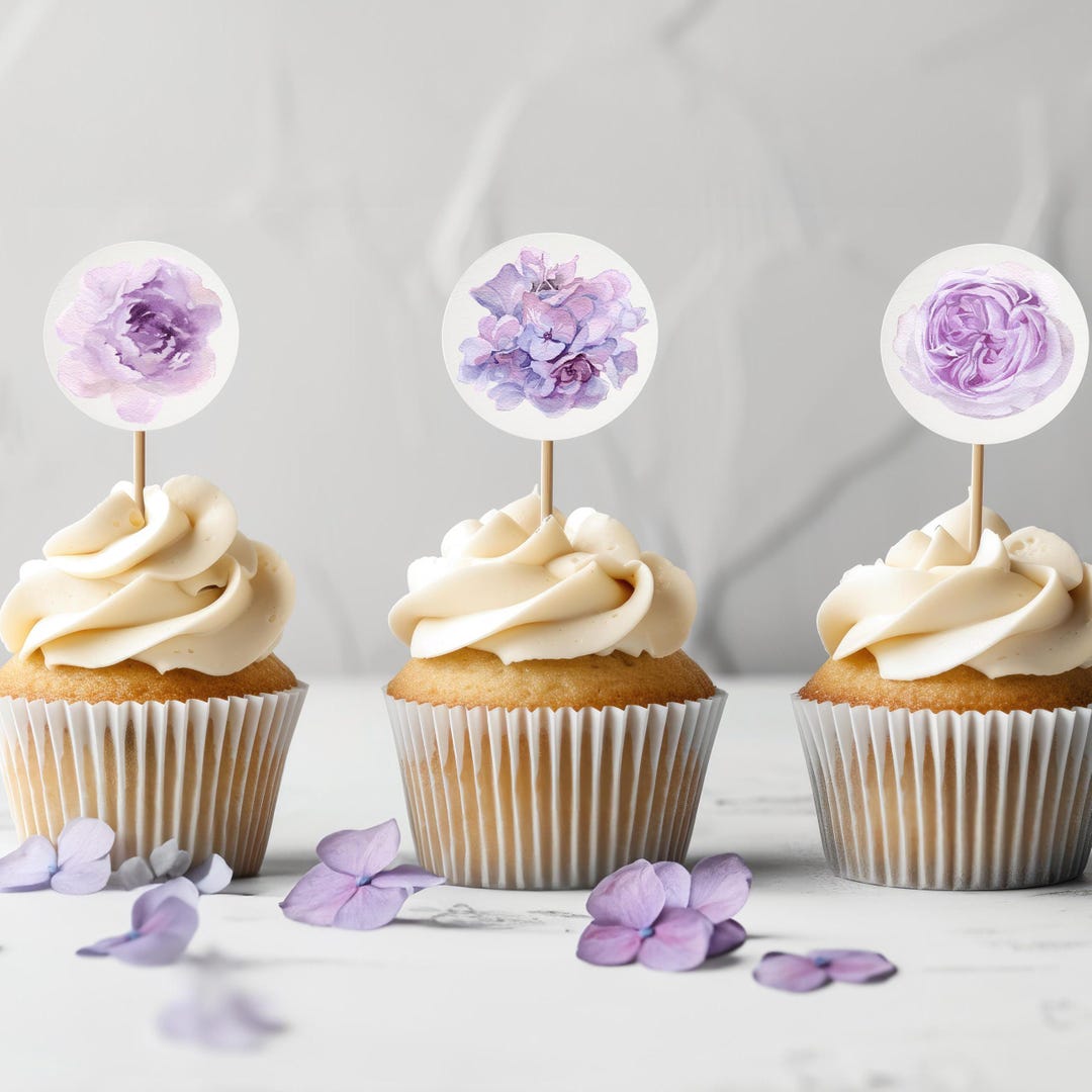 PRINTABLE Purple Flower Cupcake Toppers, Hydrangeas, Roses, Birthday ...