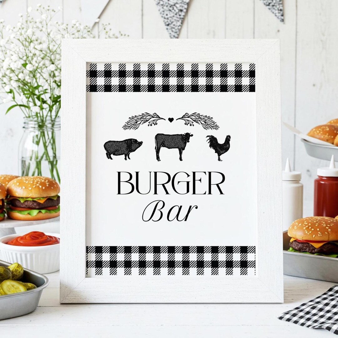 Burger Bar Sign | Farmhouse BBQ Party Decor | Black & White Gingham ...
