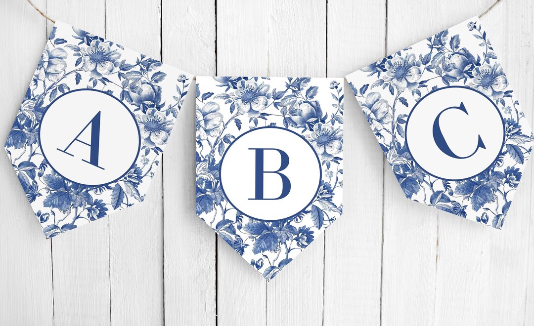 Blue Toile De Jouy Letter Banner, Editable Bunting Template, Vintage ...