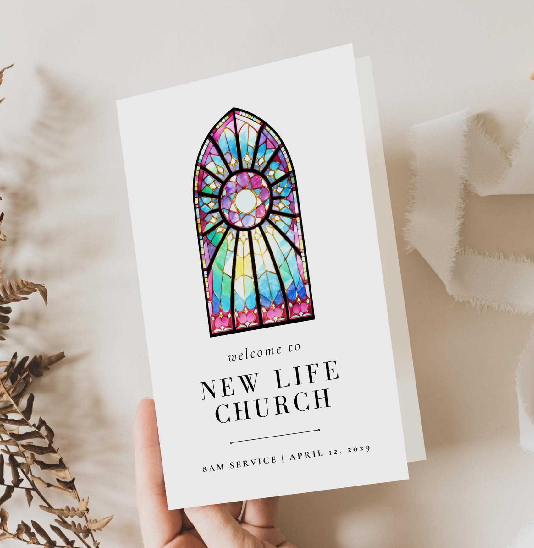 Weekly Church Program / Bulletin, Editable Canva Template, Stained ...