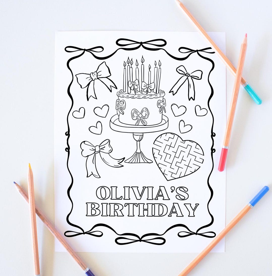 Birthday Bow Coloring Activity Page, Personalized, Coquette, Any Age ...