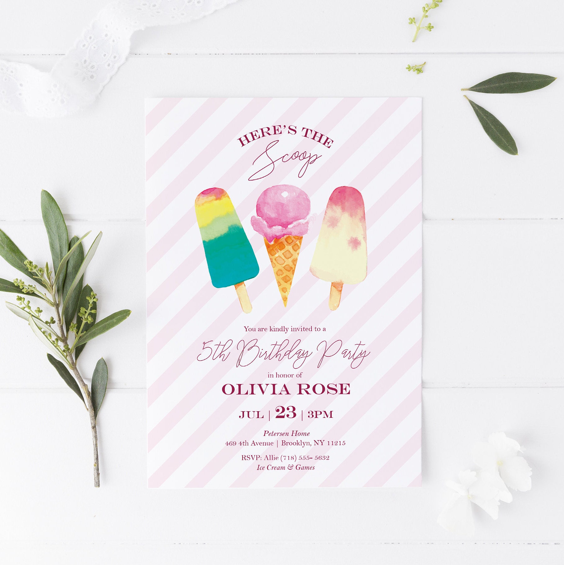 Ice Cream Party Invitation Template Summer Party Girl | Etsy