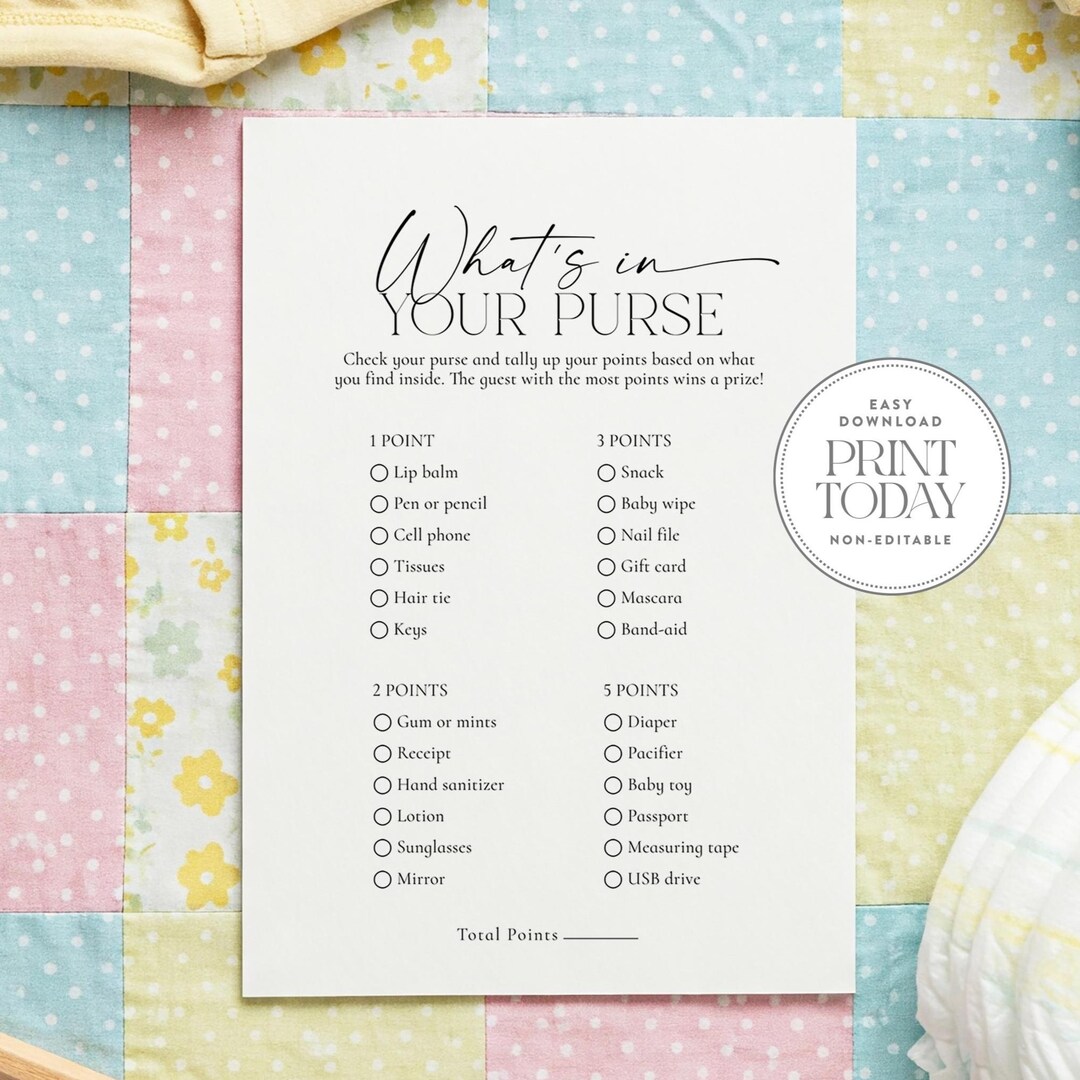 What's in Your Purse Baby Shower Game: Gender Neutral Icebreaker (PDF ...