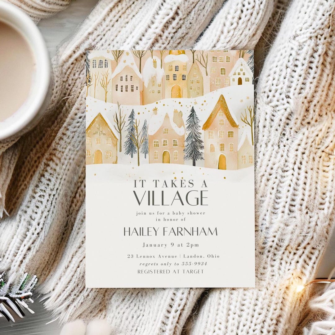 Gold Winter Village Baby Shower Invitation, It Takes a Village Theme ...