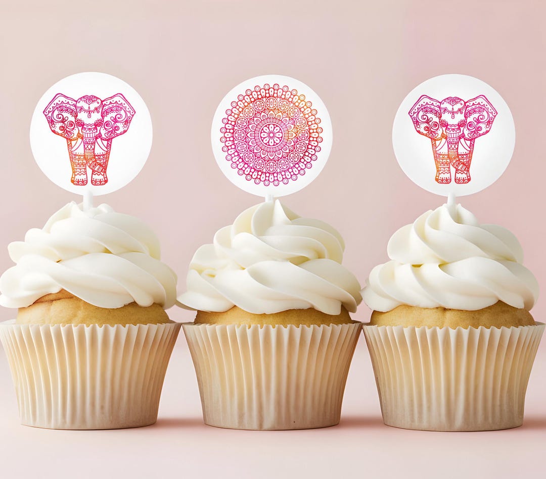 Indian Cupcake Toppers, Bollywood Theme, Pink Orange Elephant, Instant ...