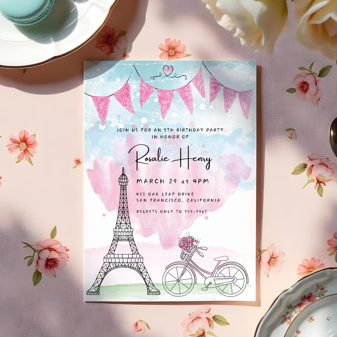 Paris Birthday Party Invitation: Watercolor Eiffel Tower (5x7, Canva ...