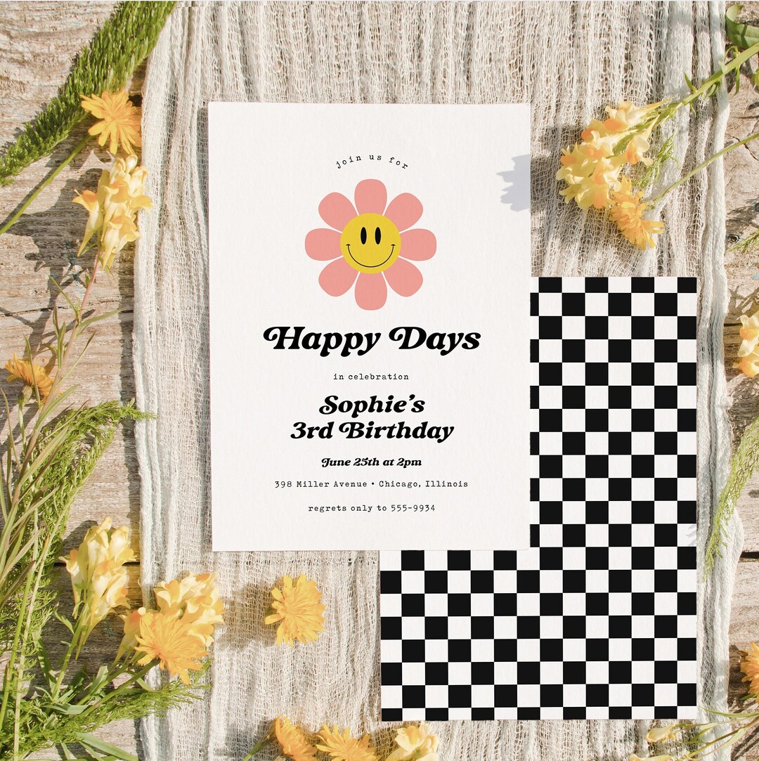 Smiley Face Daisy Birthday Invitation, Editable Template, Groovy ...