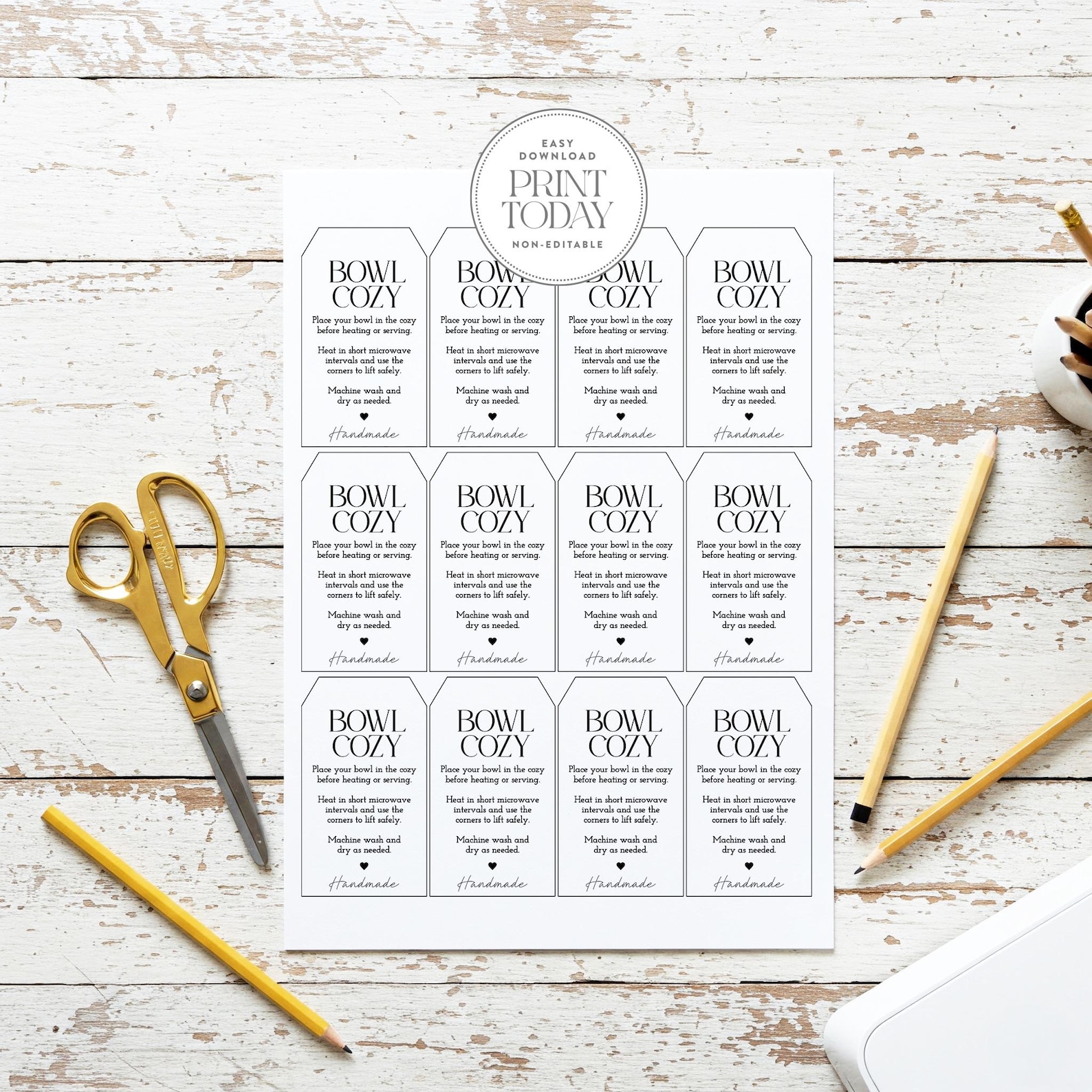 Bowl Cozy Care Tag, Handmade Instructions, Craft Fair Vendor Printable ...