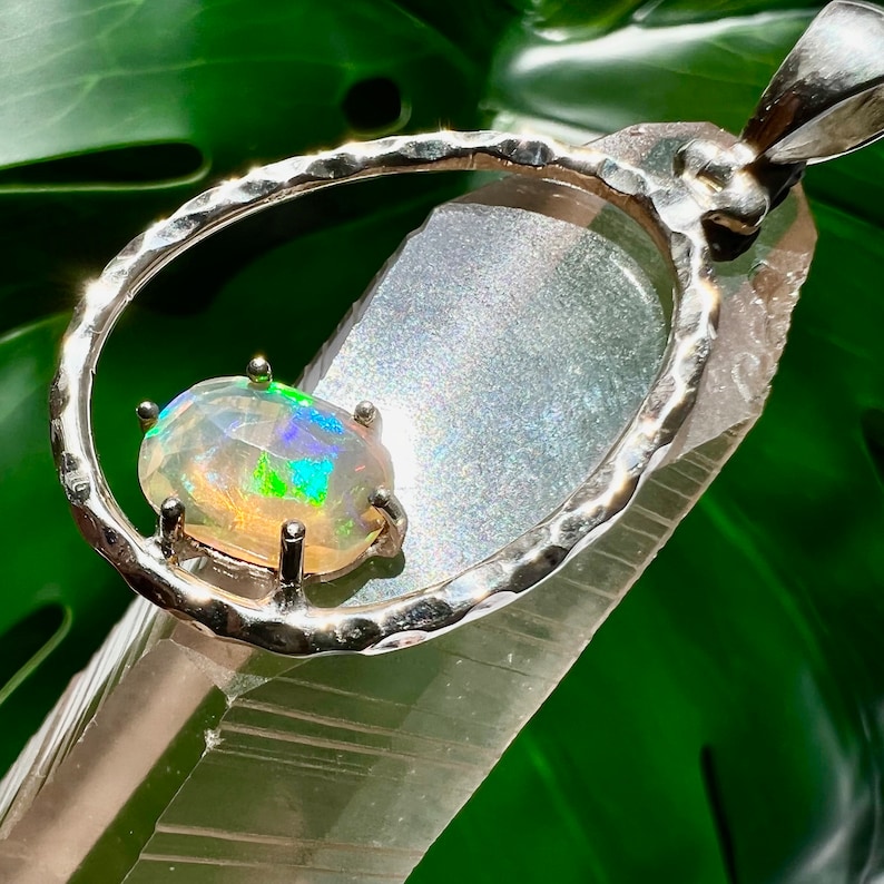 Natural Opal Pendant Necklace: Rainbow Crystal Hammered Sterling Silver ...