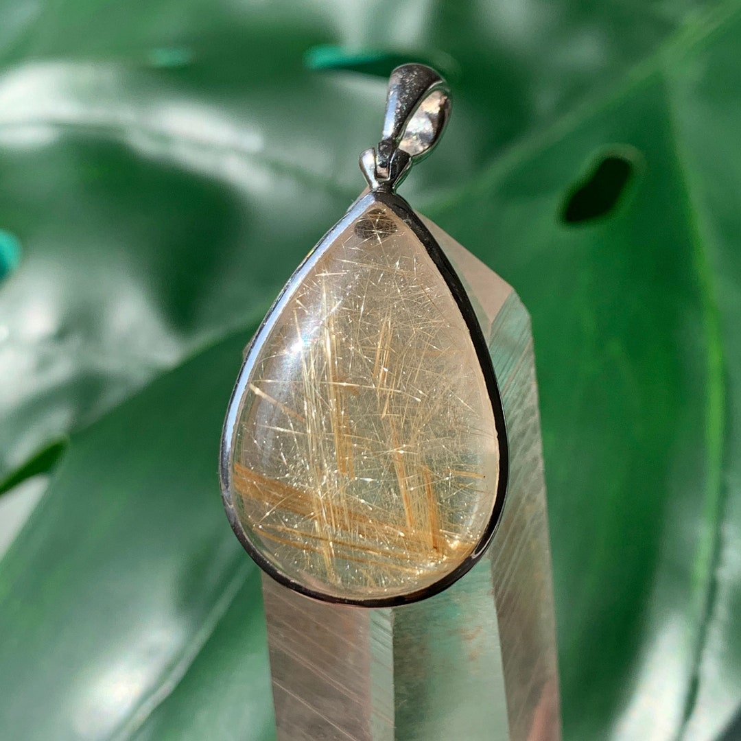 Rutilated Quartz Sterling Silver Pendant - Pear Teardrop Crystal ...