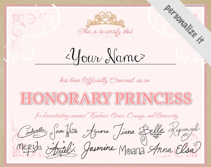INSTANT DOWNLOAD Princess Certificate Princess Award Princess for a Day ...
