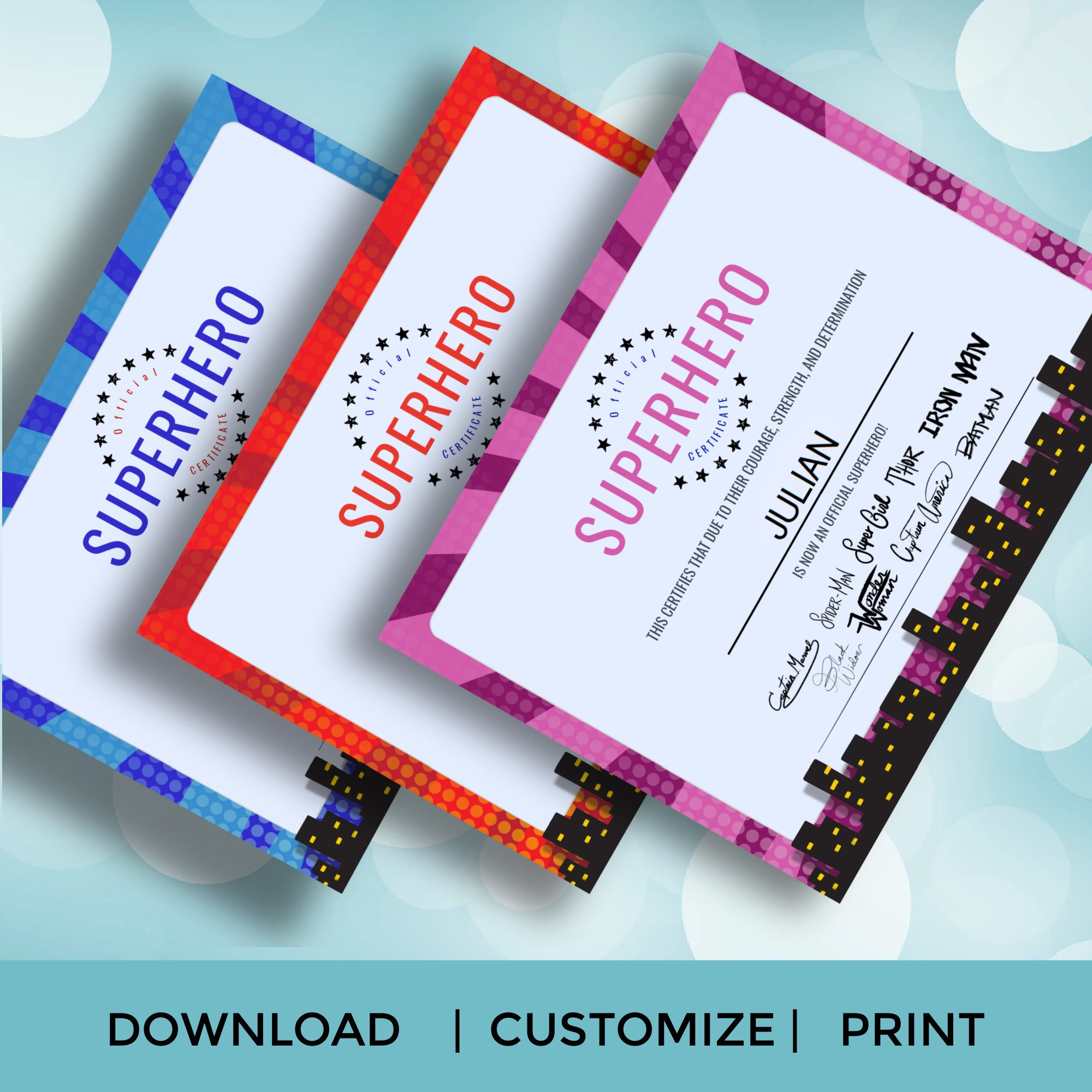 Superhero Certificate Party Favor for Superhero Birthday Party Instant ...