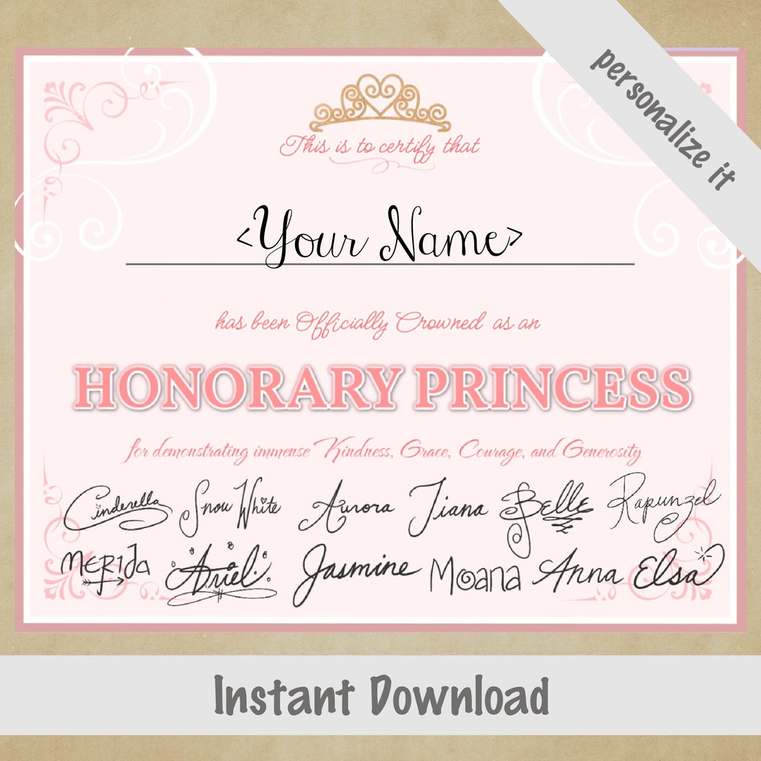 Princess Certificate, Princess Party Favors | Instant Download ...