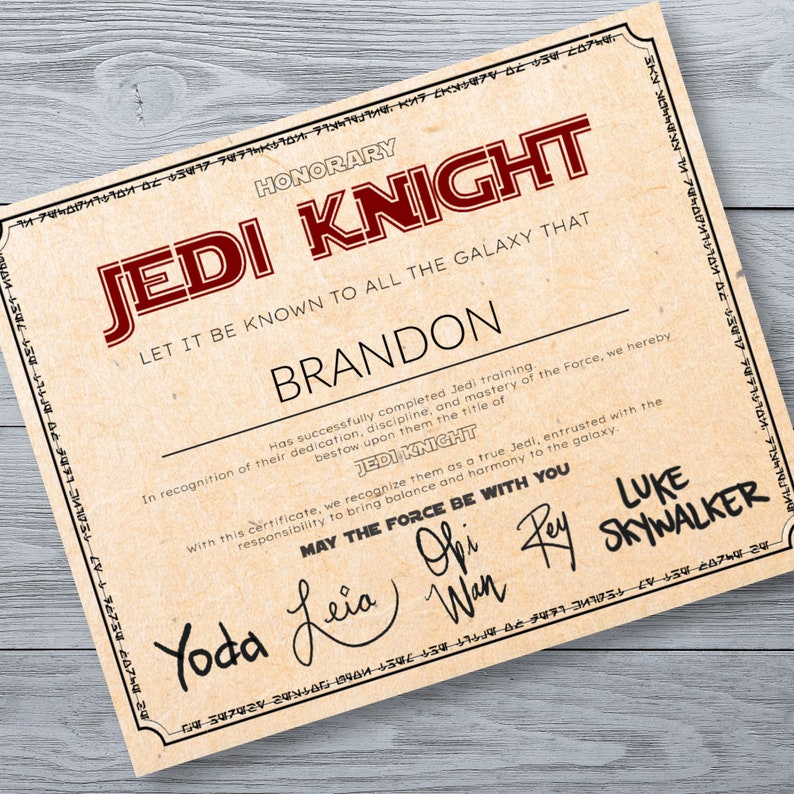 Jedi Certificate Star Wars Party Favor | Jedi Knight Certificate for ...