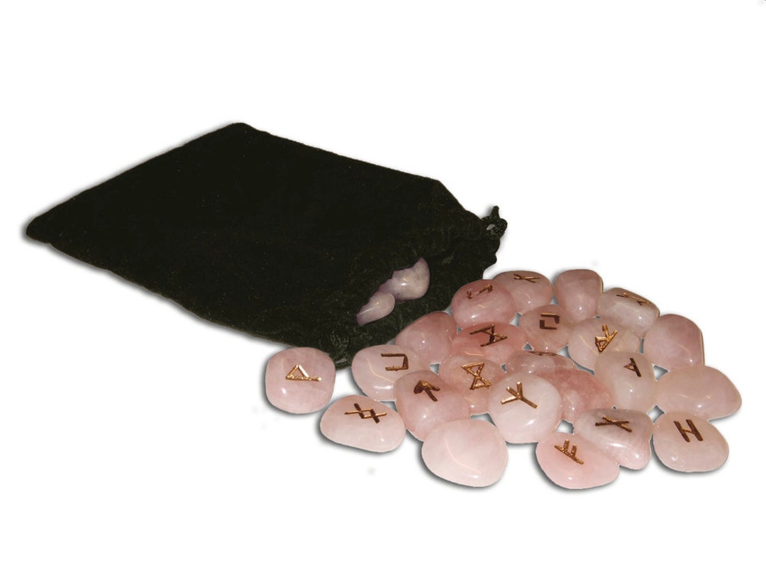 Rose Quartz Runes Set Runic Stones Velvet Pouch Instruction Booklet Rune Stone Kit Norse ...
