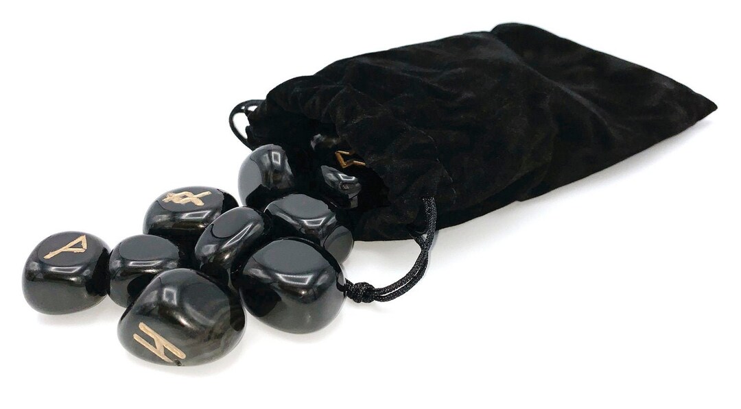 Black Agate Runes Set Runic Stones Velvet Pouch Instruction Booklet ...