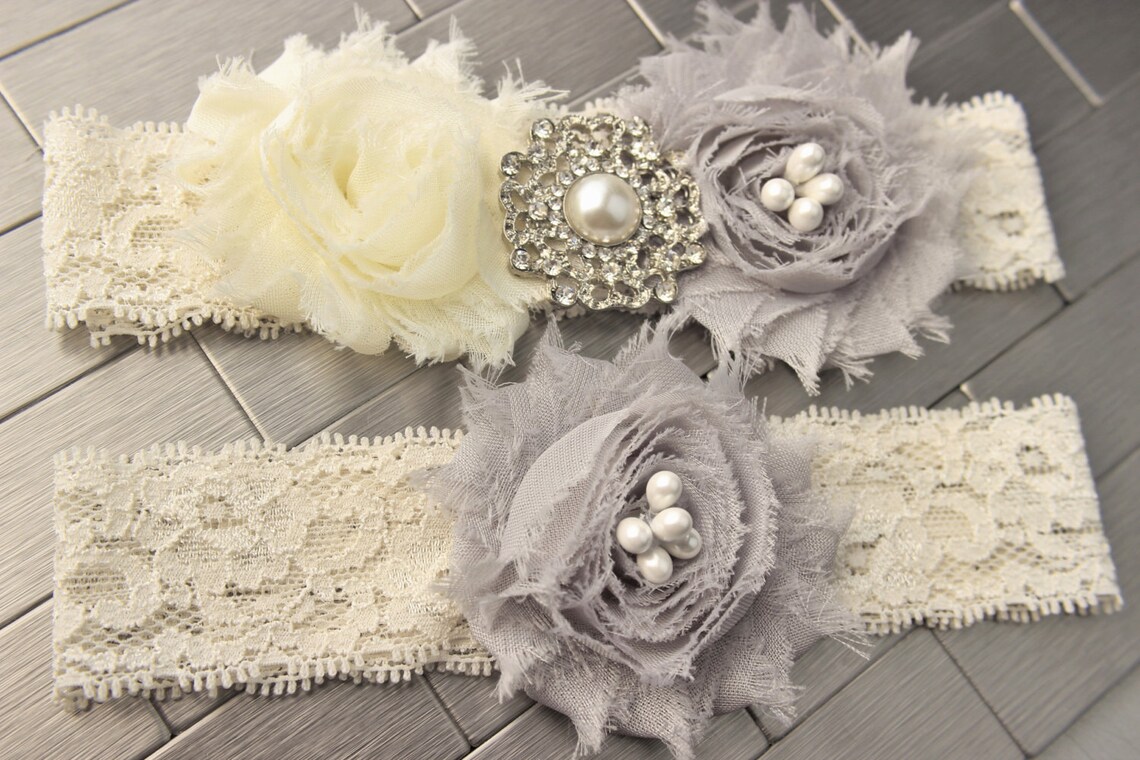 Garter Set - Grey Wedding Garters, Ivory Lace Garter W/ Gray Flowers ...