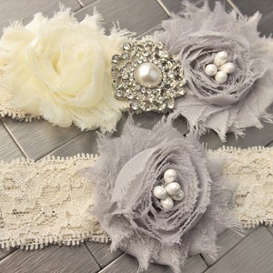 Garter Set - Grey Wedding Garters, Ivory Lace Garter W/ Gray Flowers ...