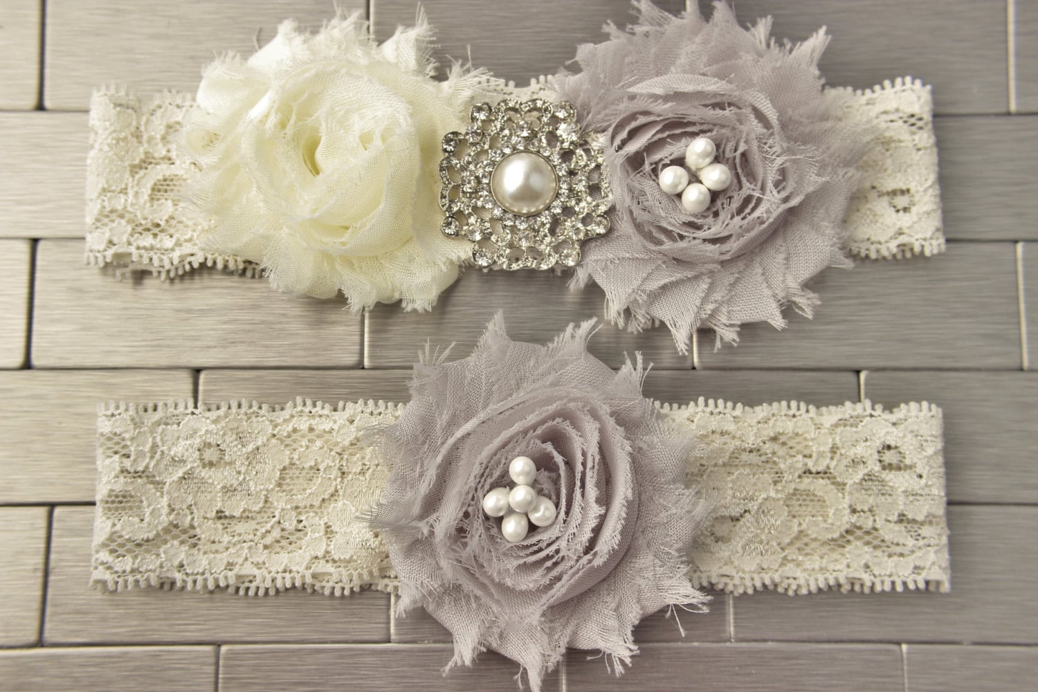 Garter Set - Grey Wedding Garters, Ivory Lace Garter W/ Gray Flowers ...