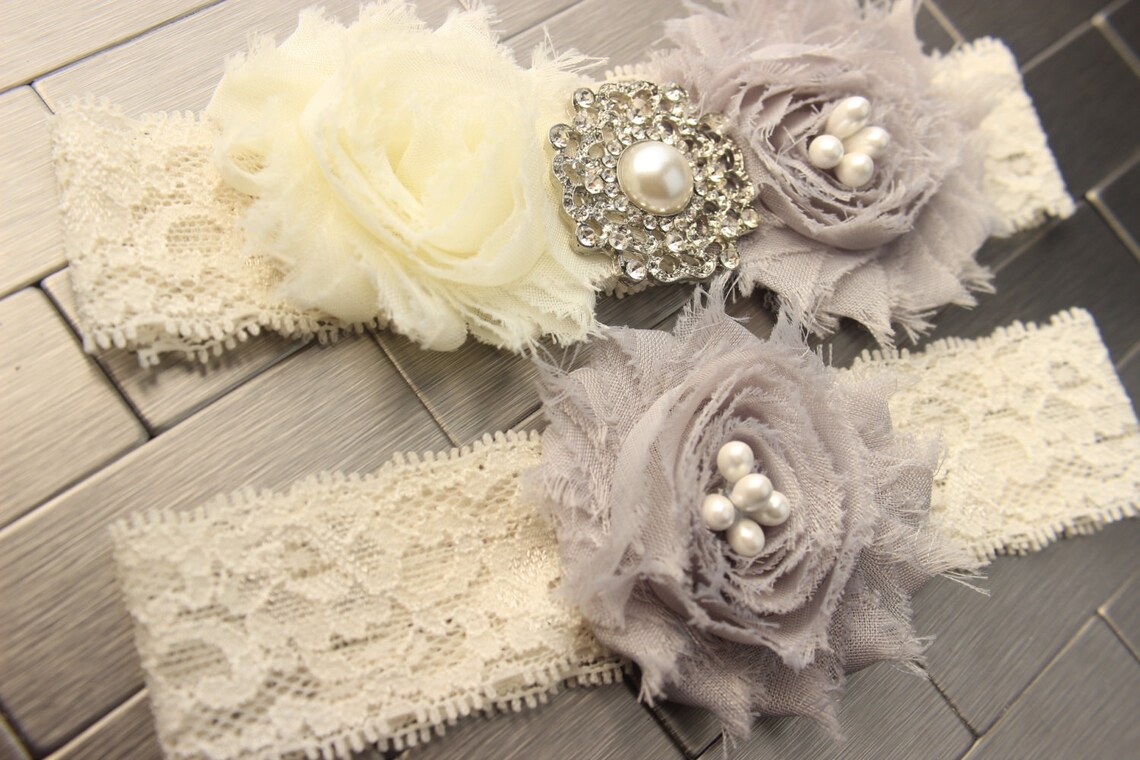 Garter Set - Grey Wedding Garters, Ivory Lace Garter W/ Gray Flowers ...